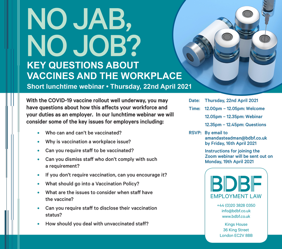 Webinar: No Jab, No Job - Vaccines and the Workplace - BDBF LLP
